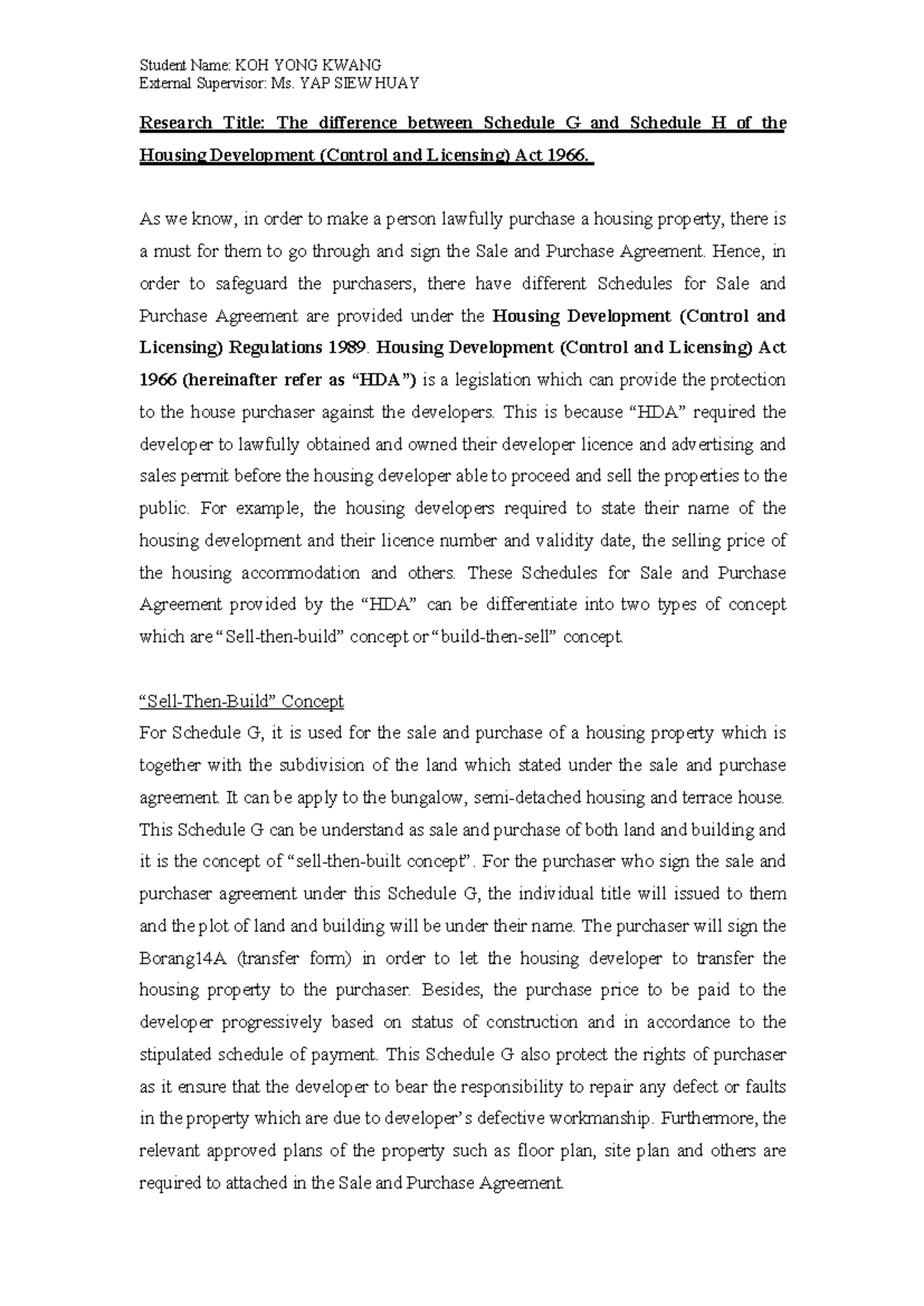Comparative Study of Schedule G and H in HDA 1966 Sale Agreement - Studocu