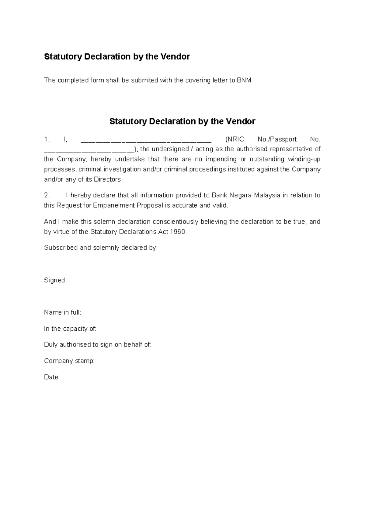 Statutory Declaration by Vendor for BNM Submission 20220418 - Studocu