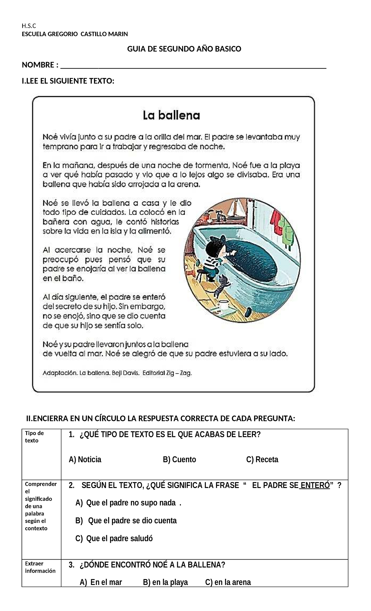 La ballena - texto de comprension con preguntas de habilidades - H.S ...