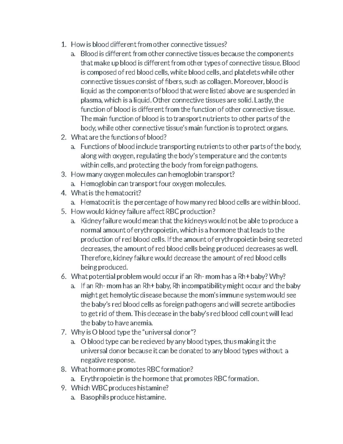 Blood Study Review Questions: Key Concepts and Functions - Studocu