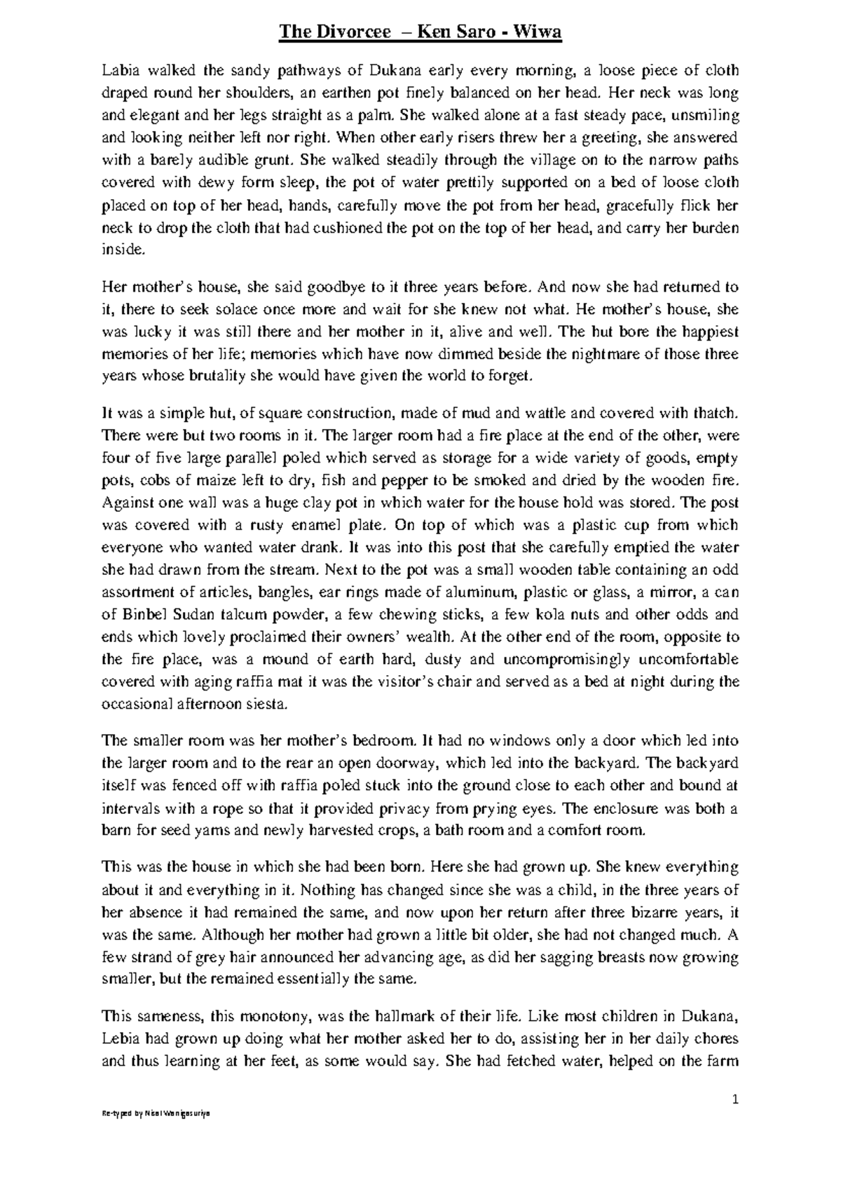 The Divorcee Short Story Analysis - Ken Saro-Wiwa - Studocu
