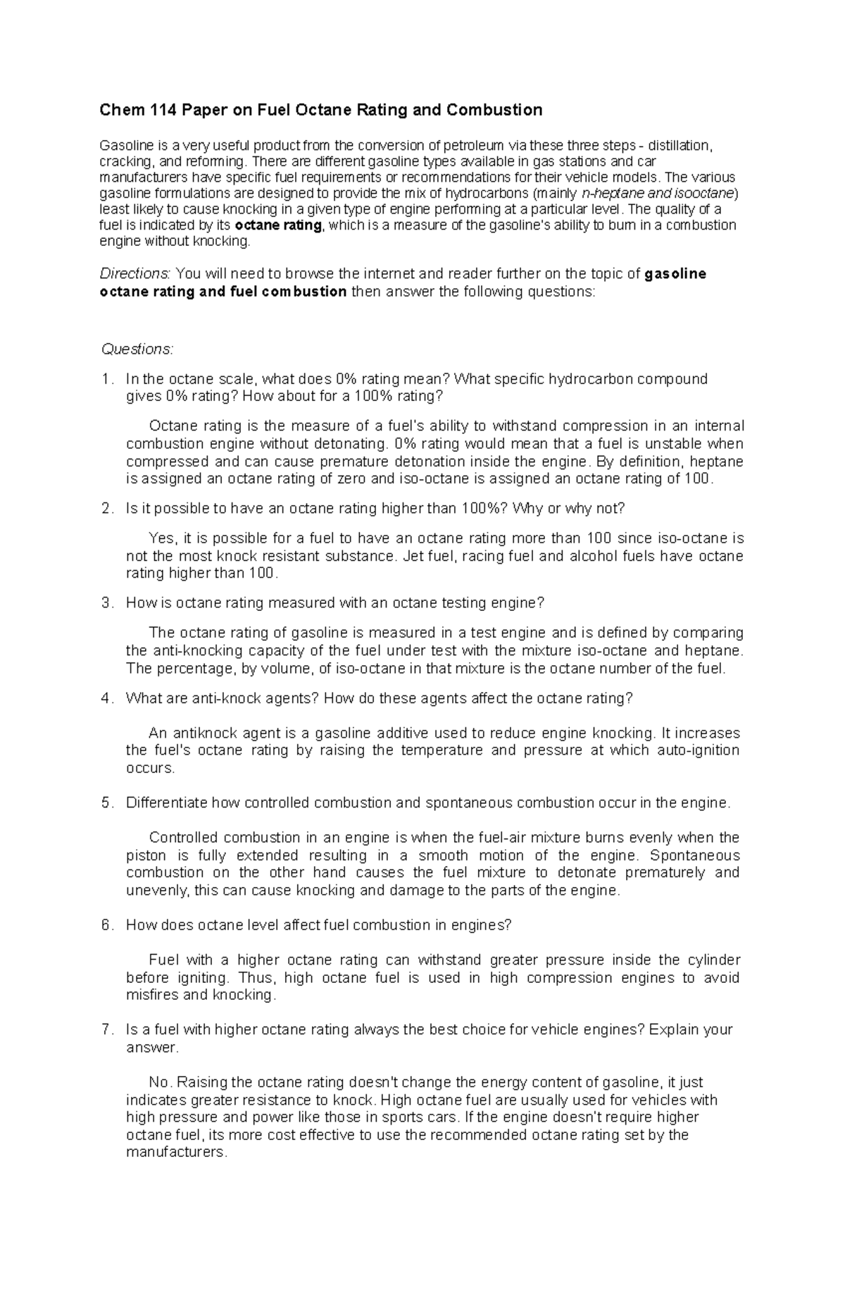 Paper on Fuel Octane Rating and Combustion - There are different ...