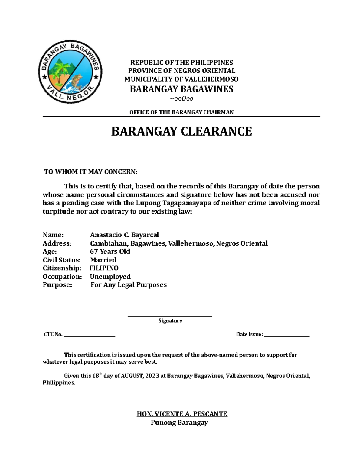 Barangay Clearance Template – Vallehermoso, Negros Oriental - Studocu
