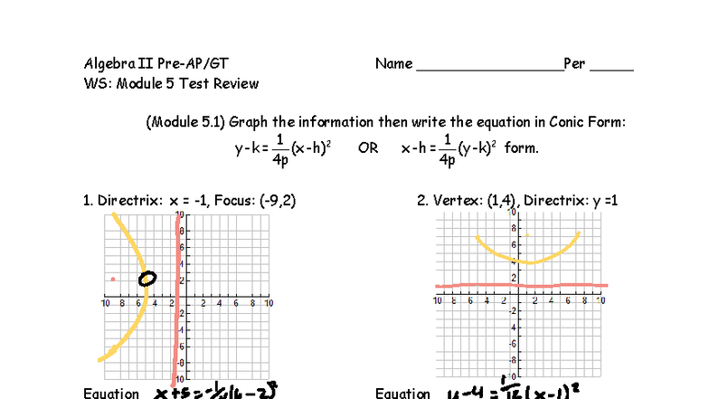 Algebra II WS: Module 5.1 Conics Test Review - Studocu
