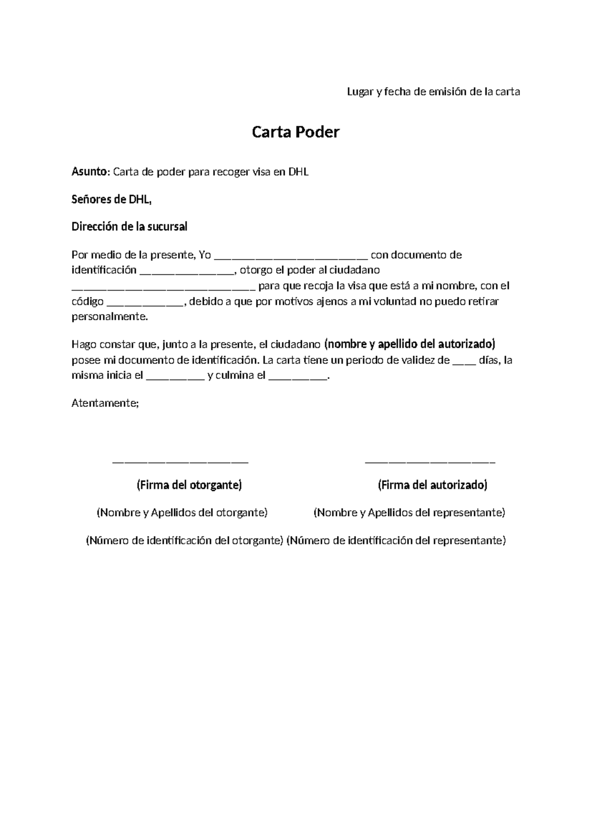 Carta Poder para Recoger Visa en DHL: Ejemplo y Formato - Studocu