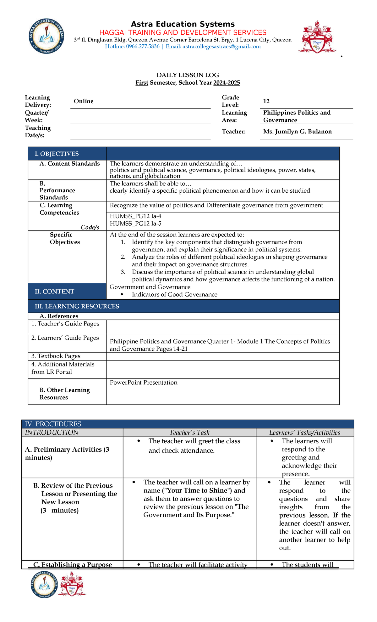HumSS_PG12 Lesson Plan: Politics & Governance - Value Recognition ...