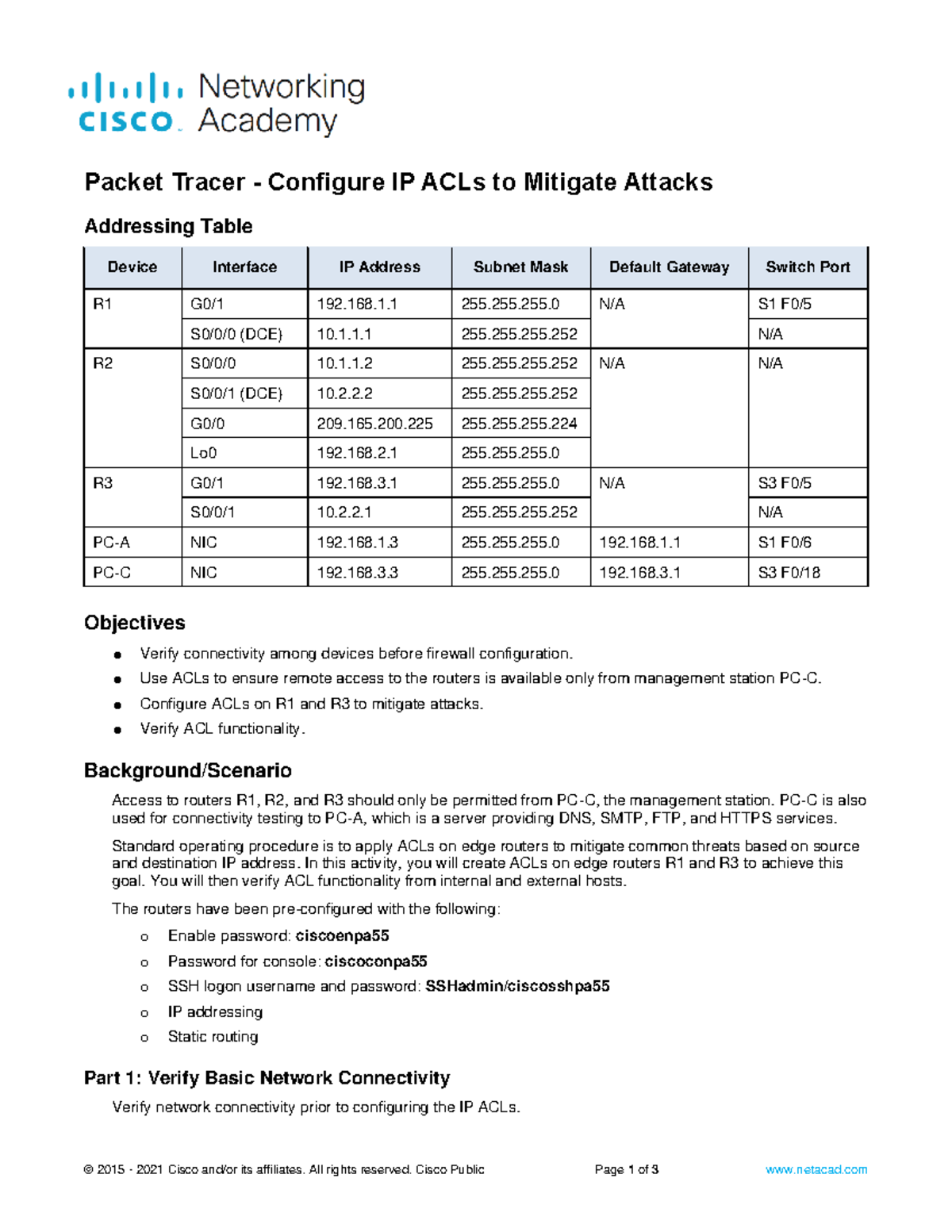 8.6.5 Packet Tracer - Configure IP ACLs to Mitigate Attacks - ITExam Answers - © 2015 - 2021 ...
