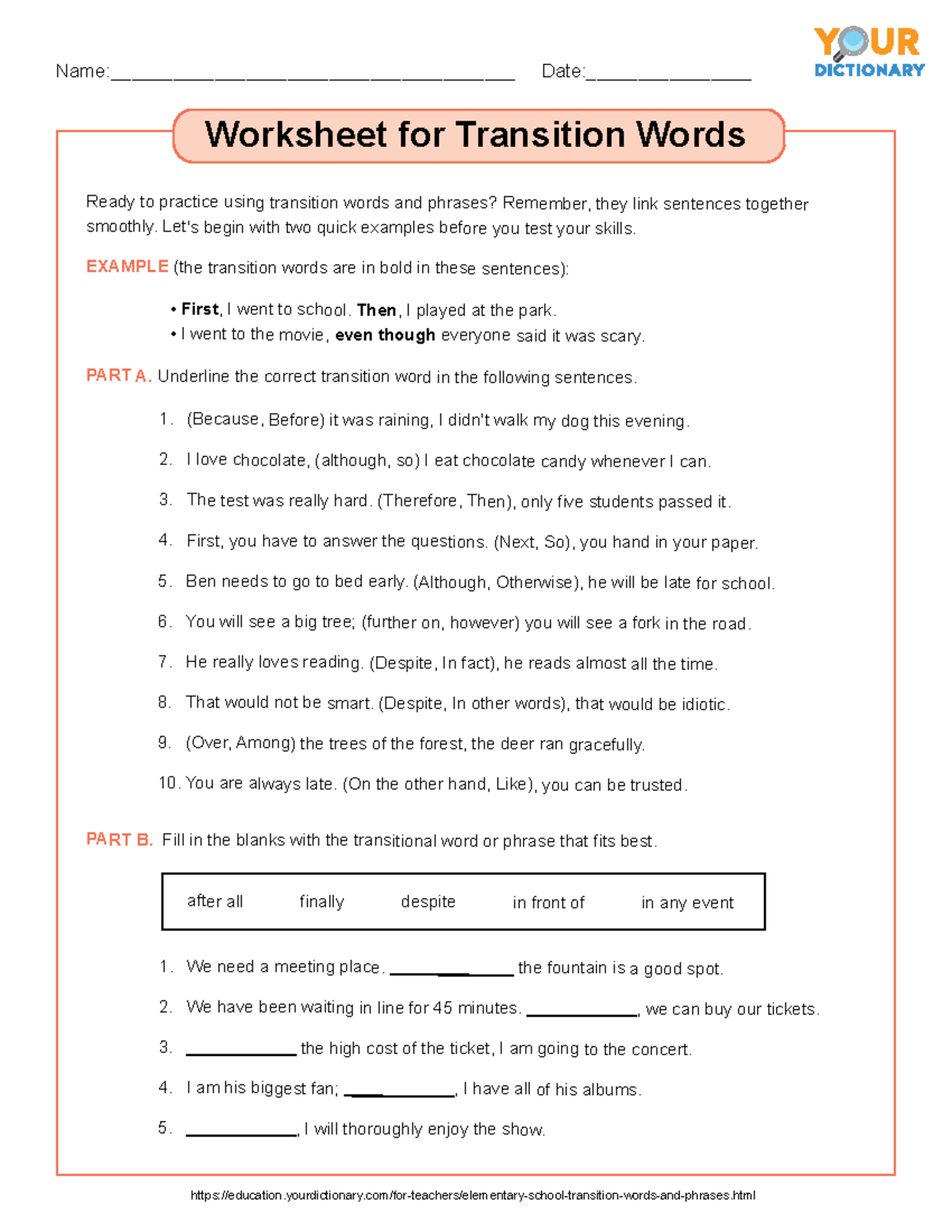 Using Transition Words Worksheet TRANSITION WORDS SMSGrade7FI