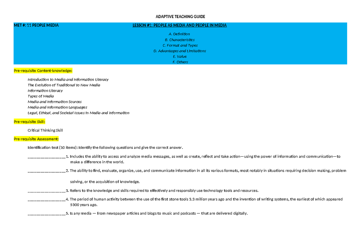 Adaptive Teaching Guide MIL Q2 - ADAPTIVE TEACHING GUIDE MET #: 11 ...