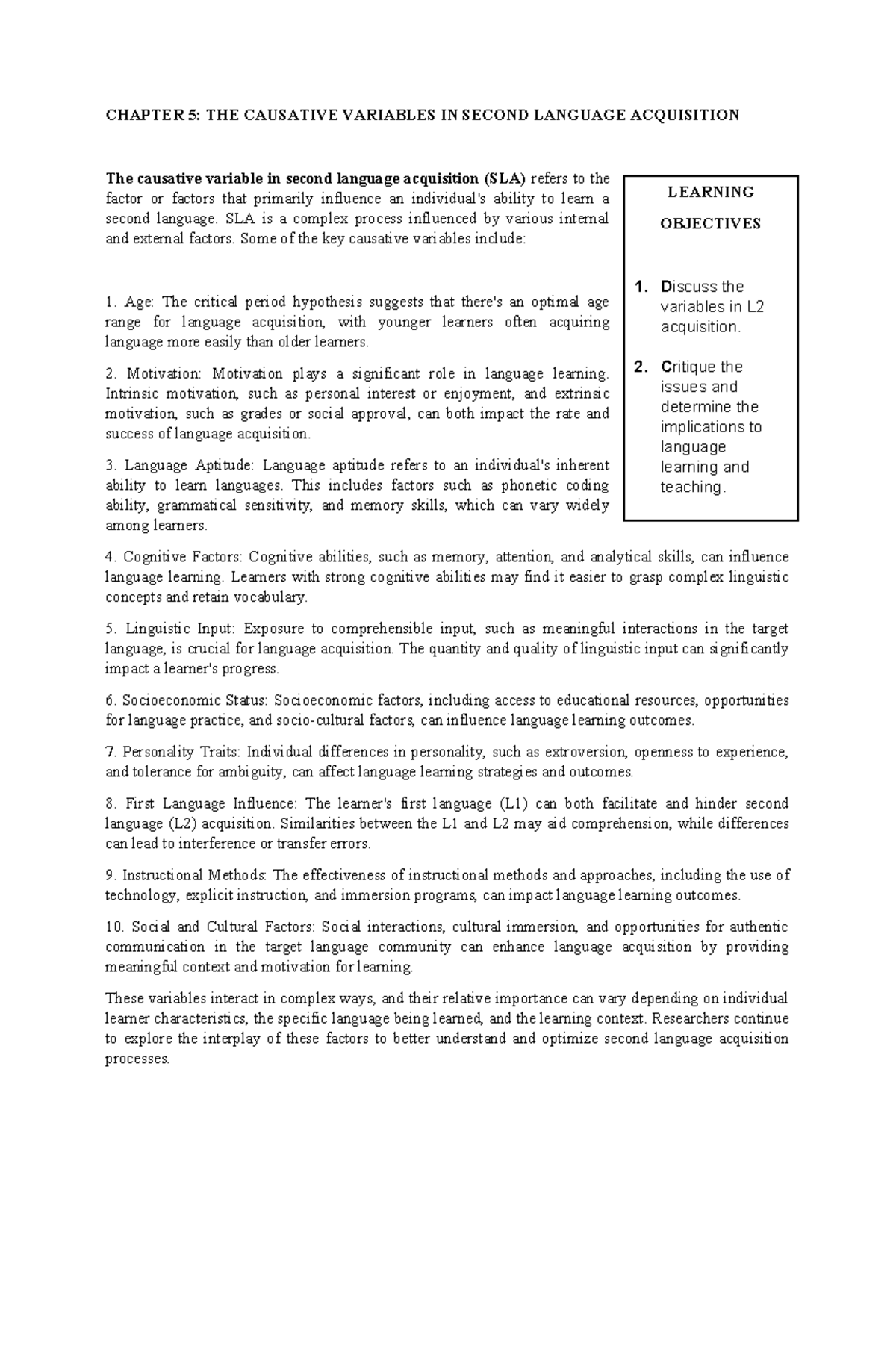 Causative Variables in Second Language Acquisition (SLA) - Chapter 5 - Studocu