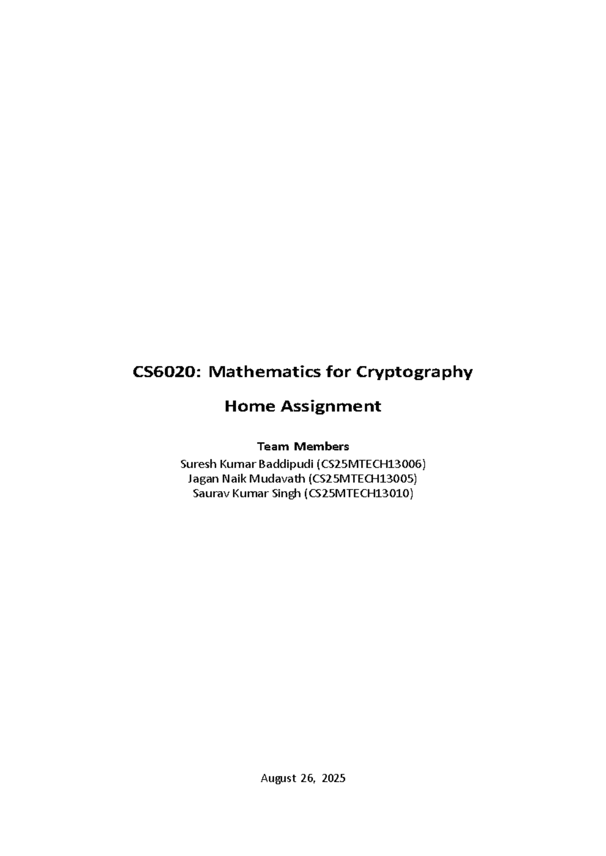 CS6020: Mathematics for Cryptography Home Assignment Analysis - Studocu