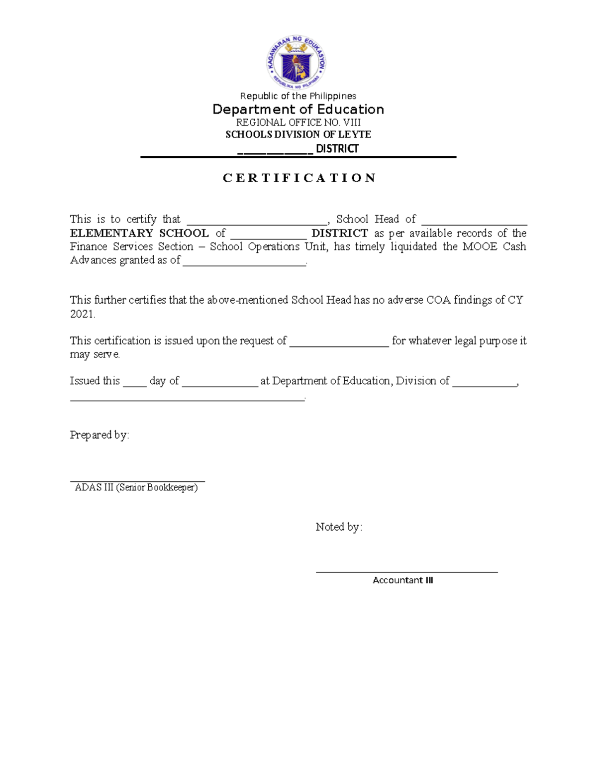 Certification MOOE - Sample format - Republic of the Philippines ...