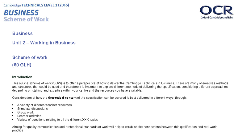 Business Unit 2: Working in Business Scheme of Work (60 GLH) - Studocu