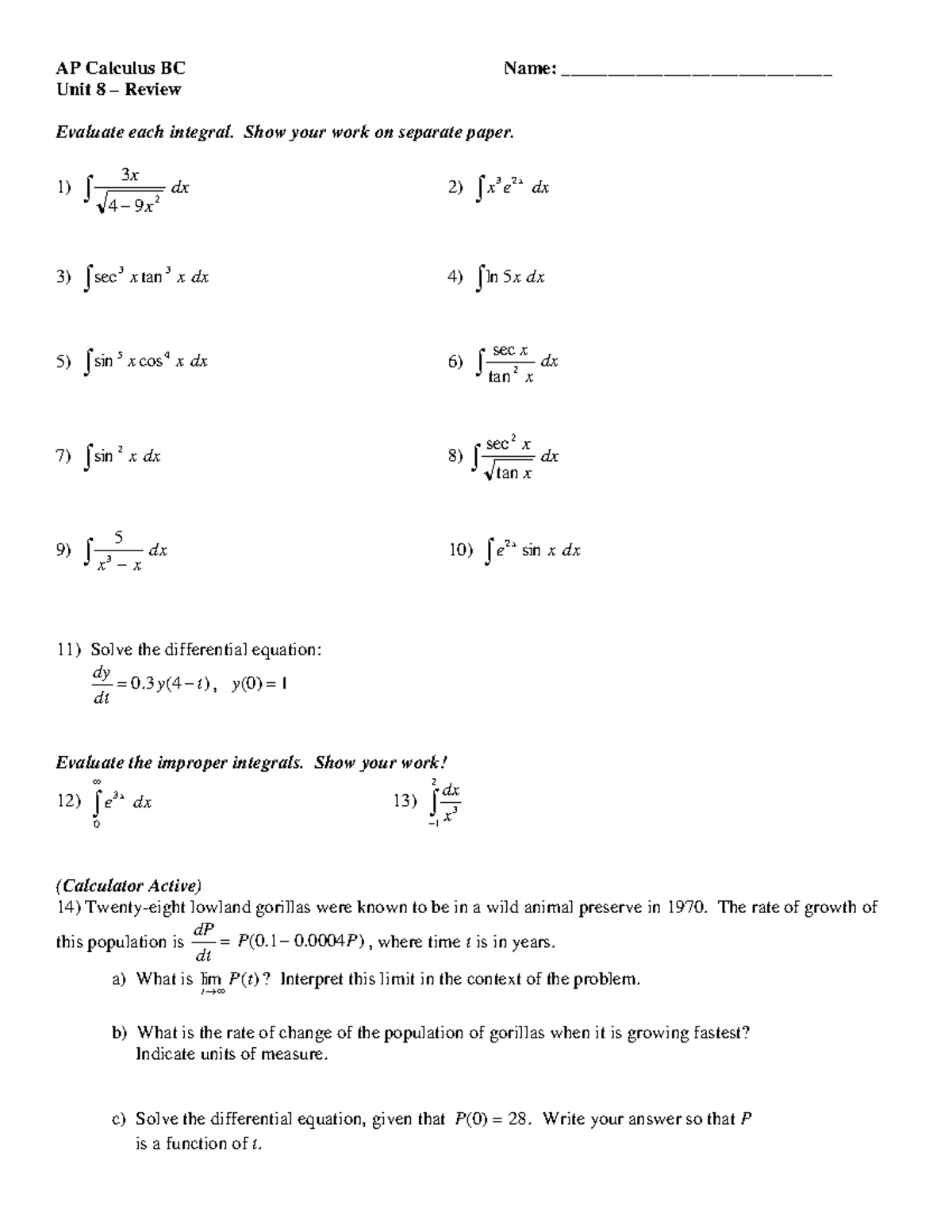AP Calculus BC Unit 8 Review: Integral Evaluation and Differential ...