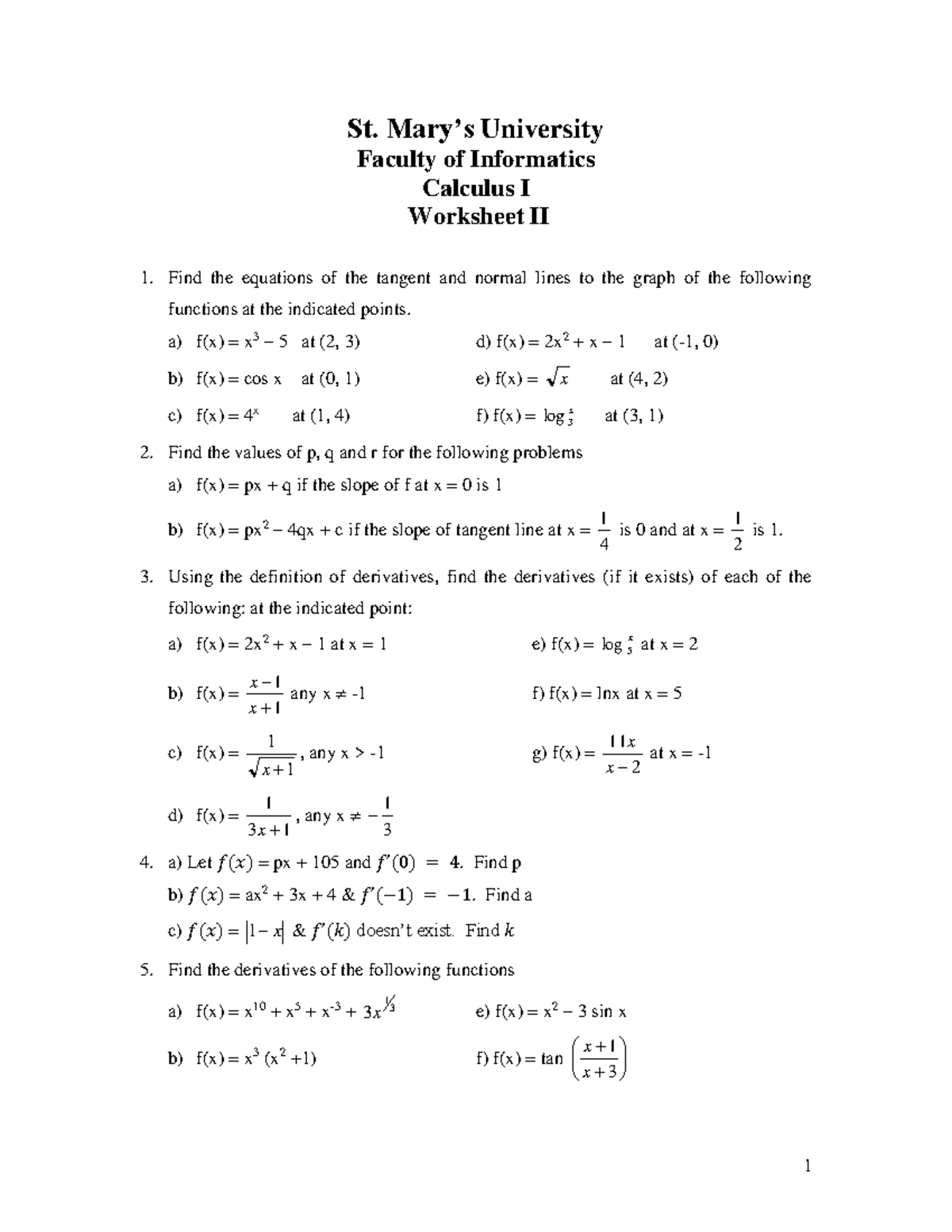 Calculus I Worksheet II: Tangent and Normal Lines Exercises - Studocu