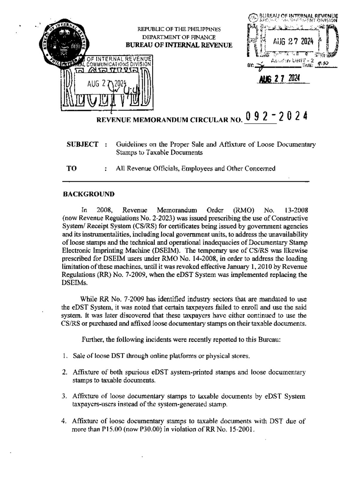 Guidelines for Sale and Affixture of Loose DST - RMC No. 92-2024 - Studocu