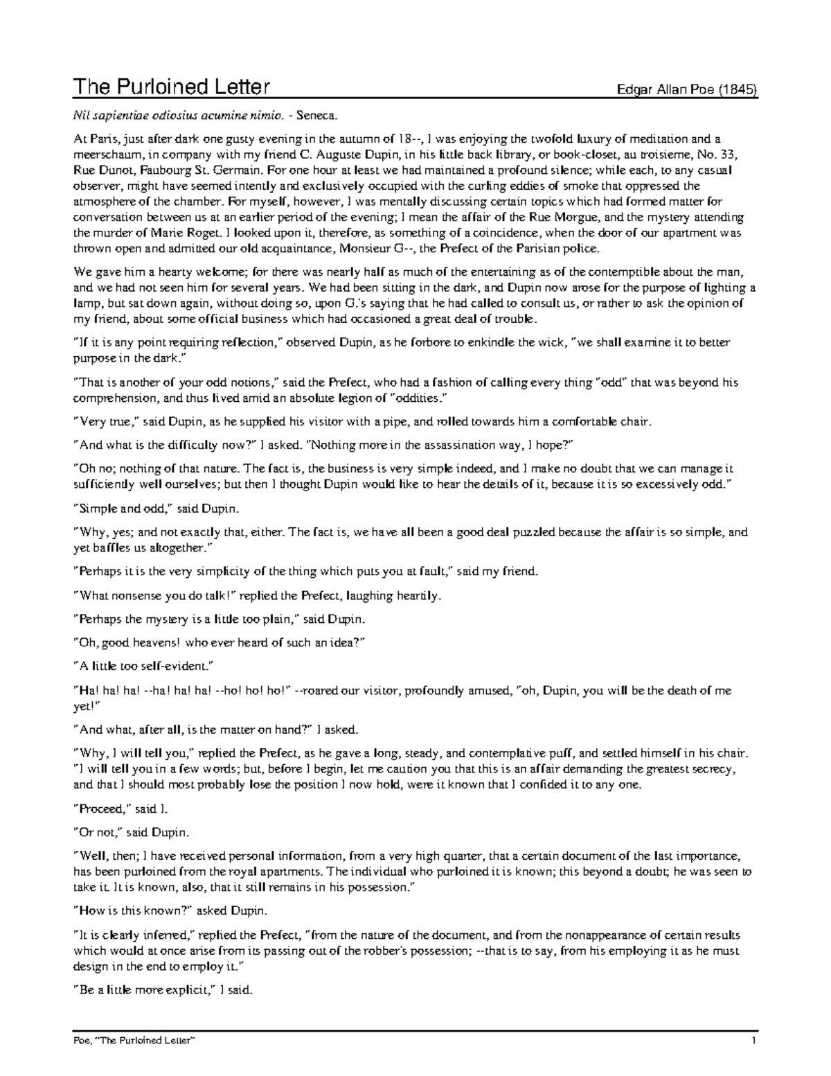 Edgar Allan Poe's "The Purloined Letter" - Analysis and Summary Notes ...