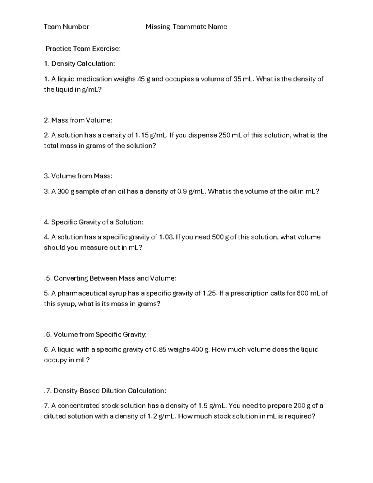 Practice Team Exercise: Density & Specific Gravity Calculations - Studocu