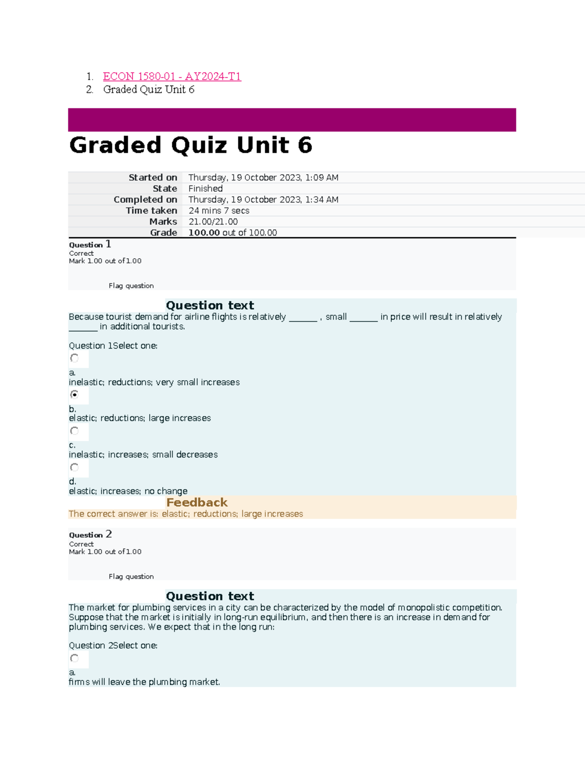 ECON 1580 Graded Quiz Unit 6 Results and Feedback Analysis - Studocu