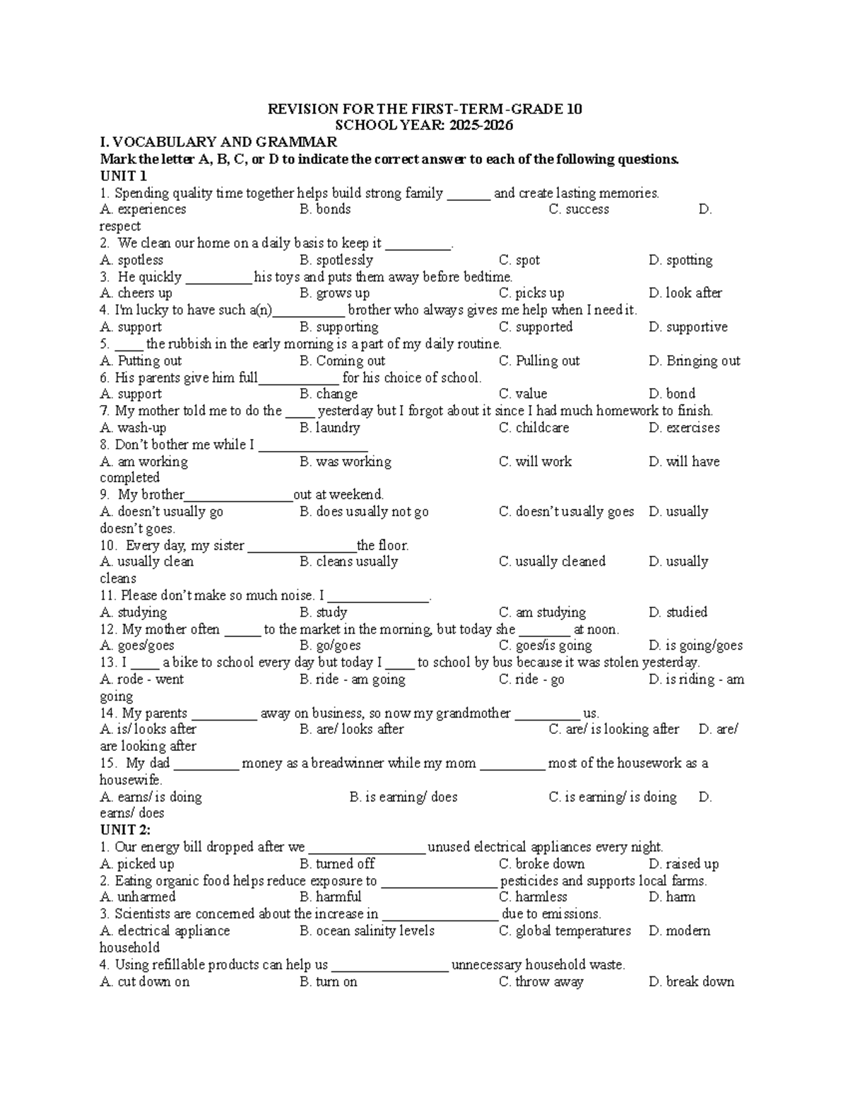 K10 Revision: Vocabulary and Grammar Practice for Year 10 - Studocu