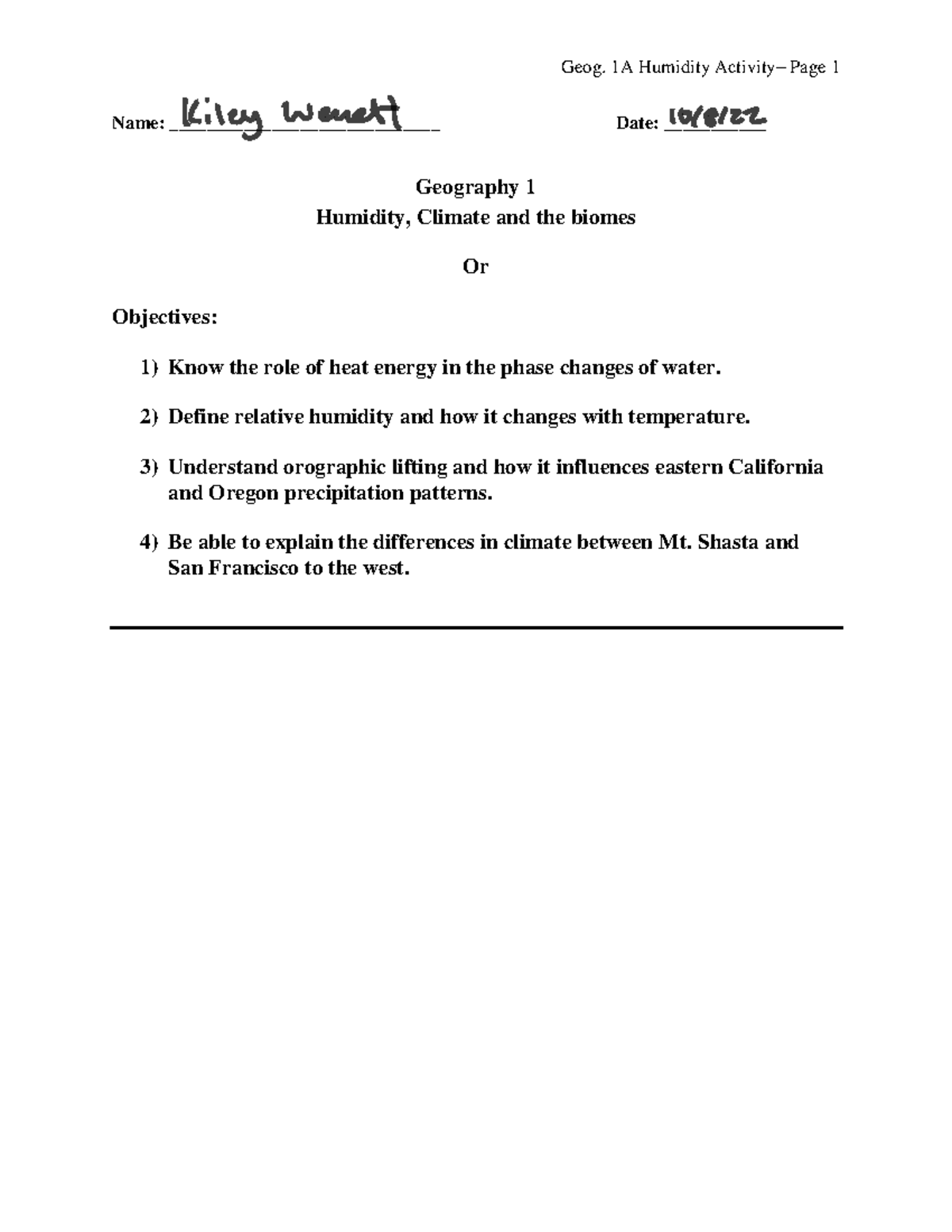 Humidity Activity - GEOG 1A, Prof. Cassandra Hanson - Name