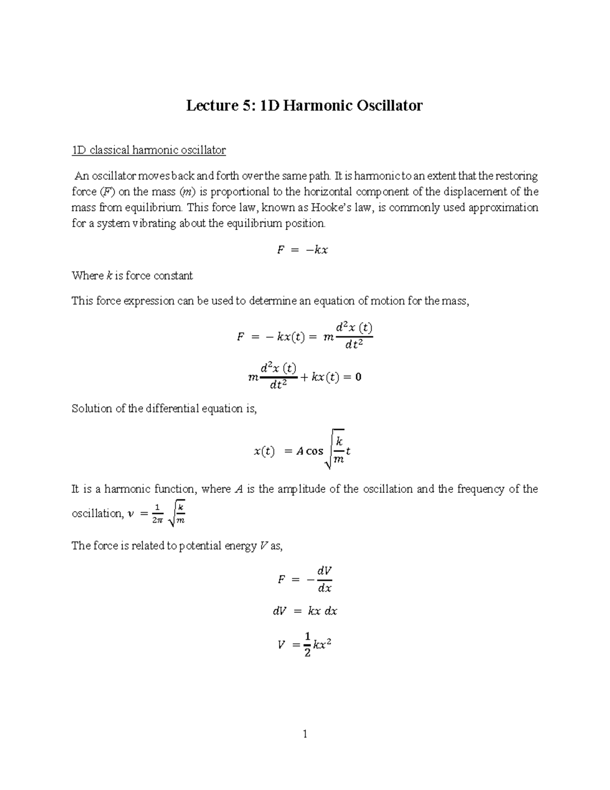 Lecture 5: 1D Harmonic Oscillator in CHM112 - Studocu