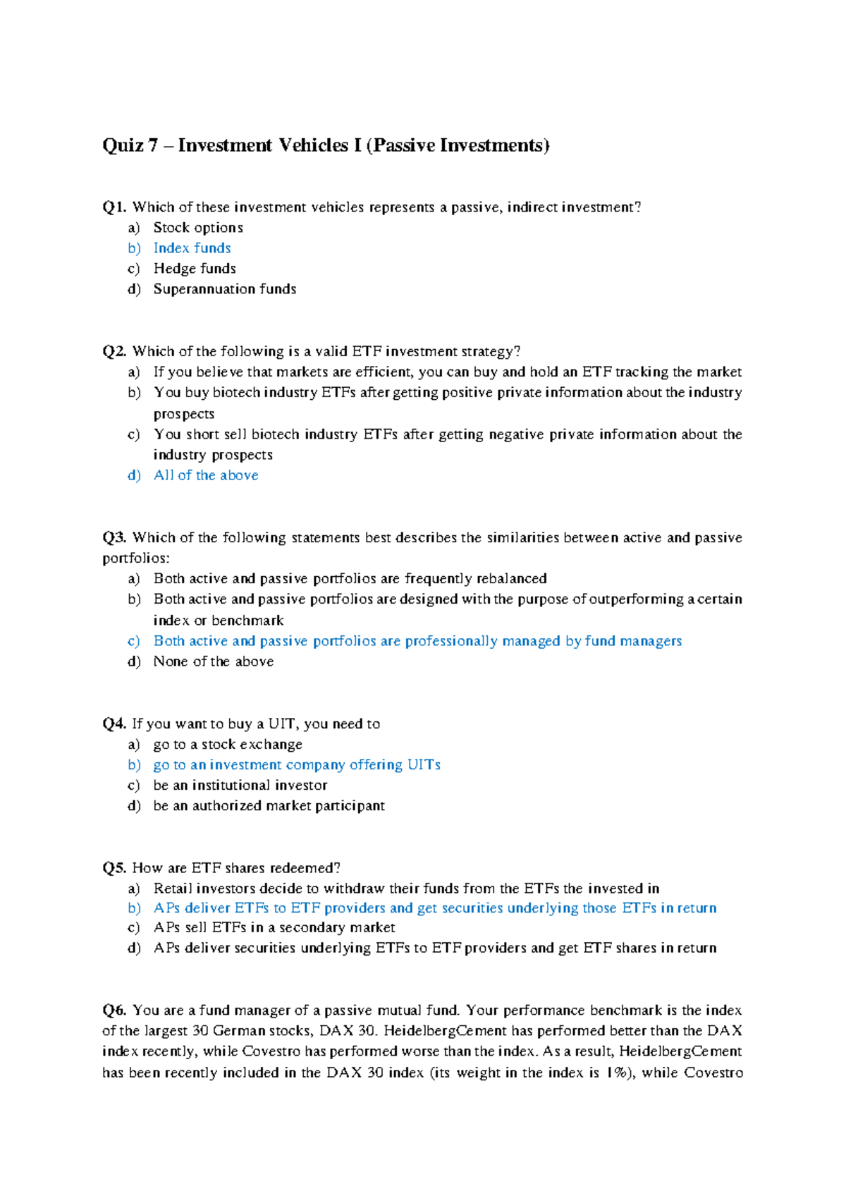 Quiz 7: Passive Investment Vehicles and Strategies - Studocu