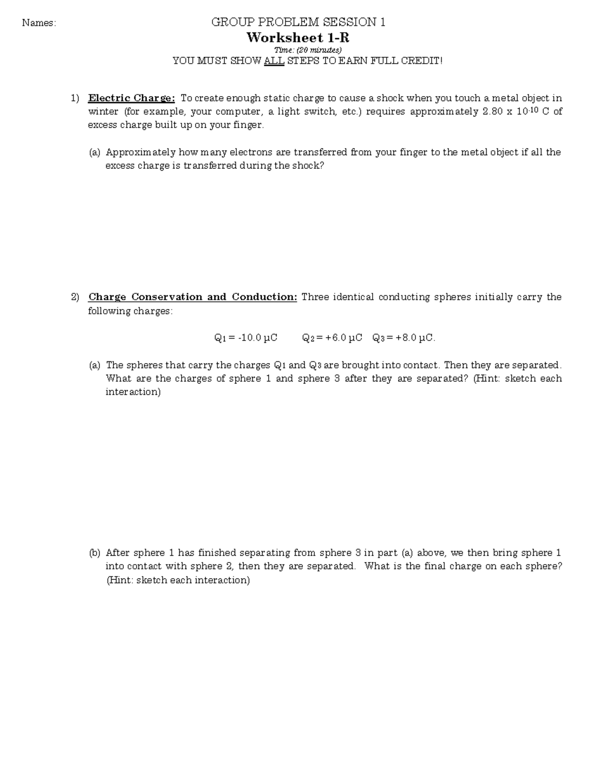 204 GP1 Worksheet: Group Problem Session 1 on Electric Charge & Forces ...