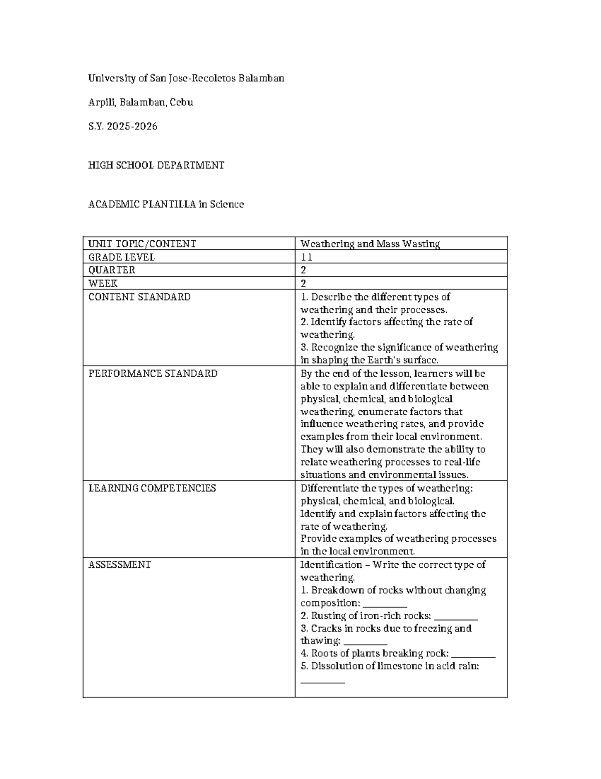 Lesson Plan on Weathering and Mass Wasting (Grade 11, Quarter 2) - Studocu