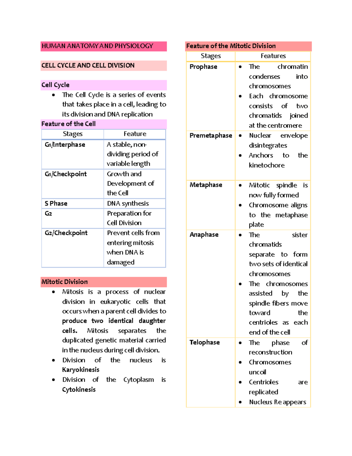 CELL Cycle AND CELL Division - HUMAN ANATOMY AND PHYSIOLOGY CELL CYCLE ...