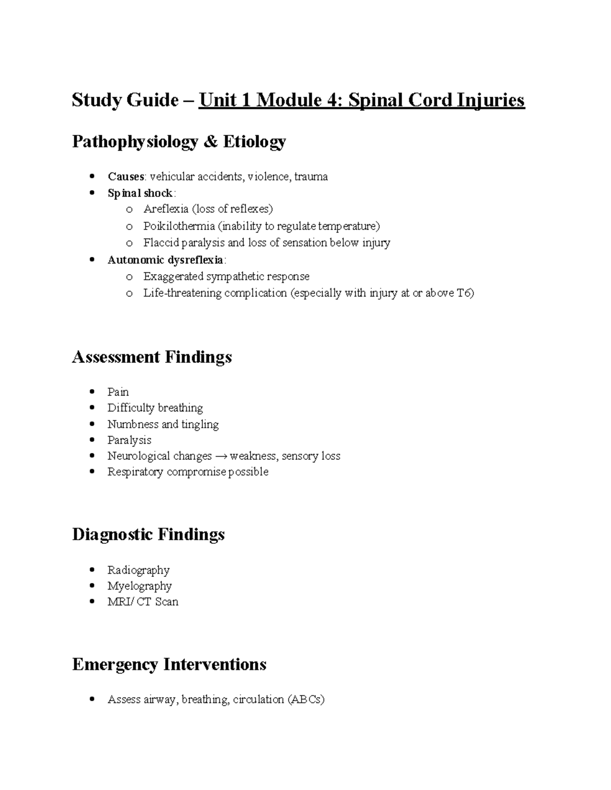 Exam 2 Study Guide: Spinal Cord Injuries & ANS Medications - Studocu