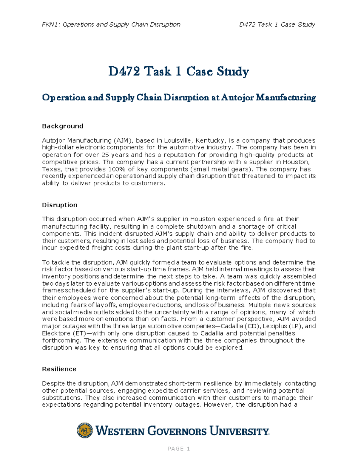 D472 Task 1 Case Study: Assessing Supply Chain Disruption at AJM - Studocu