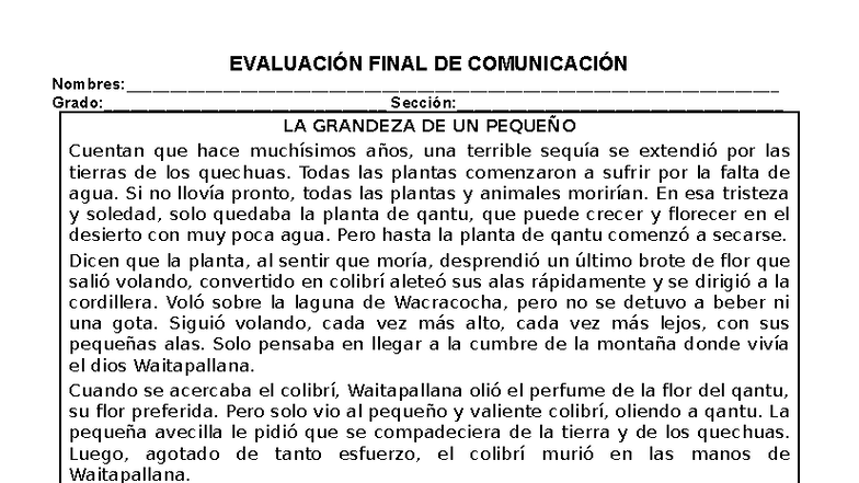 Evaluación Final de Comunicación: La Grandeza del Colibrí y el Qantu ...