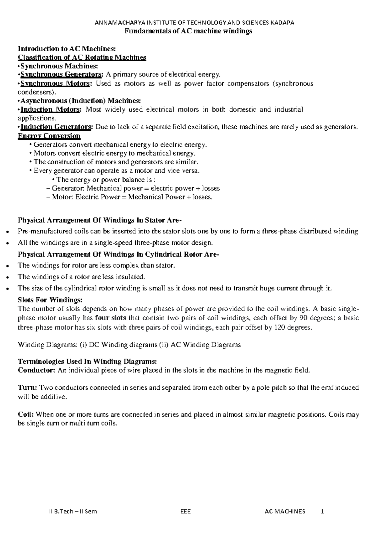 II B.Tech II Sem AC MACHINES: Winding and Rewinding of AC Machines ...