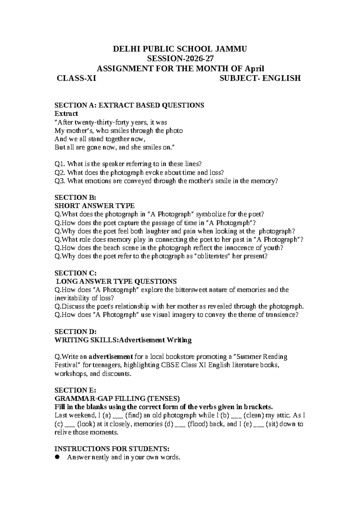 Assignment XI April 2026: English Section A-E Questions & Writing ...