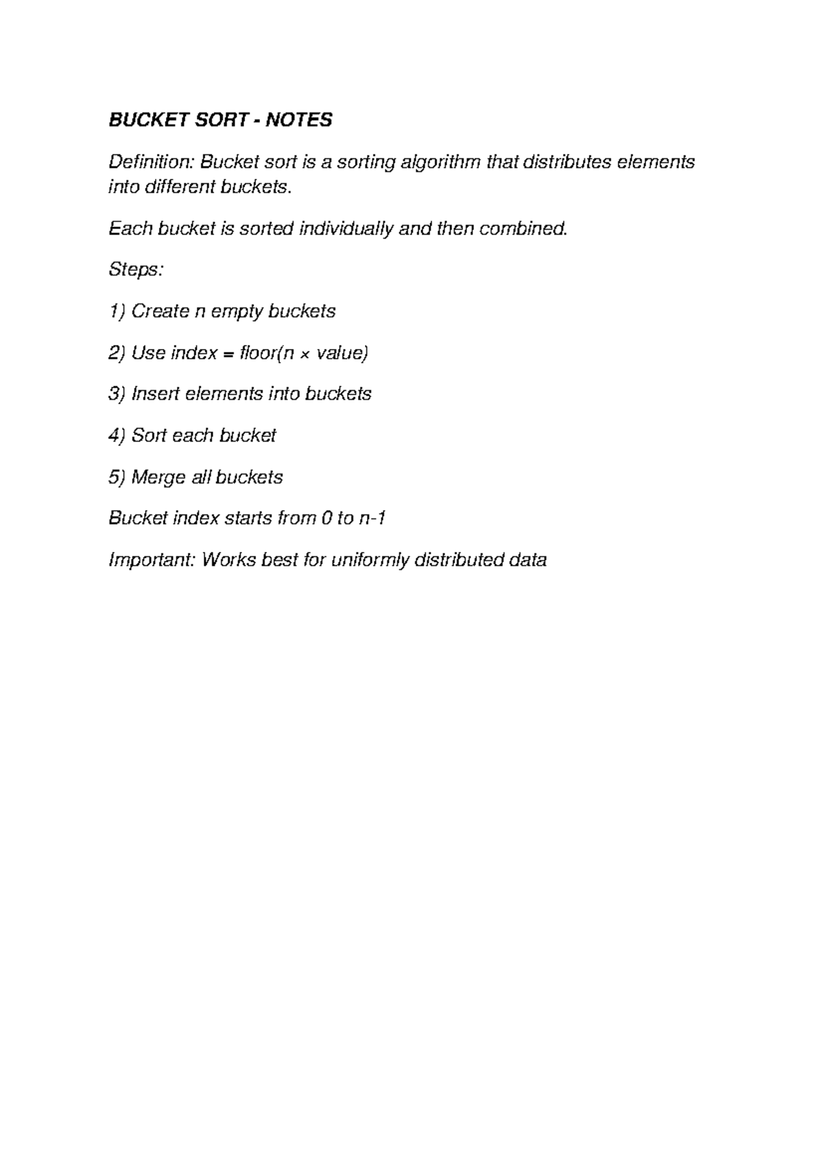 BUCKET SORT NOTES: Algorithm Steps & Formula Explanation - Studocu