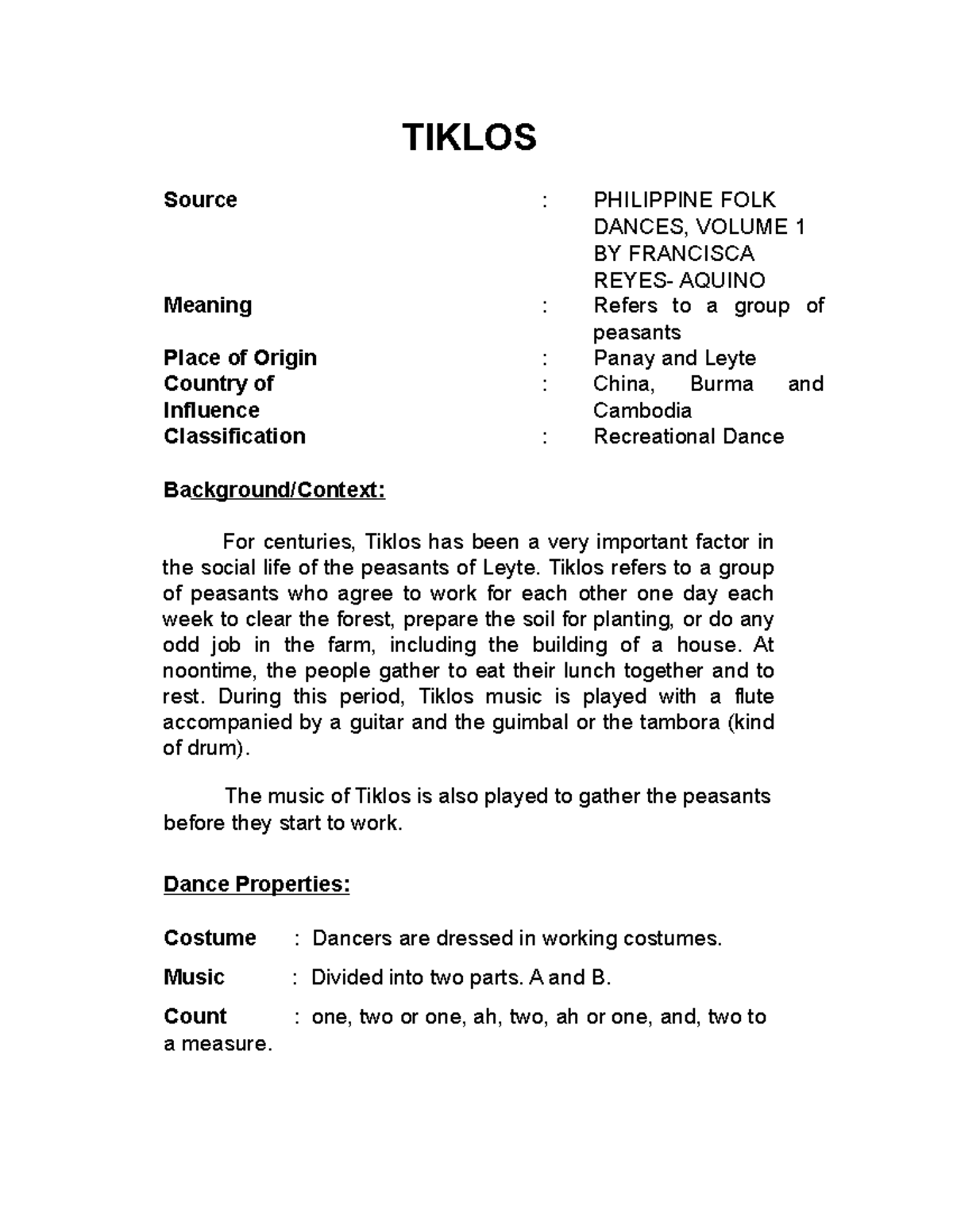 Tiklos Dance Culture: Traditional Practices & Performance Guide - Studocu