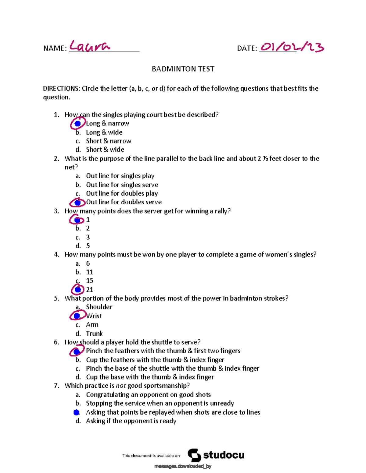 PKIN.0440 Badminton Test: Questions & Directions - Studocu