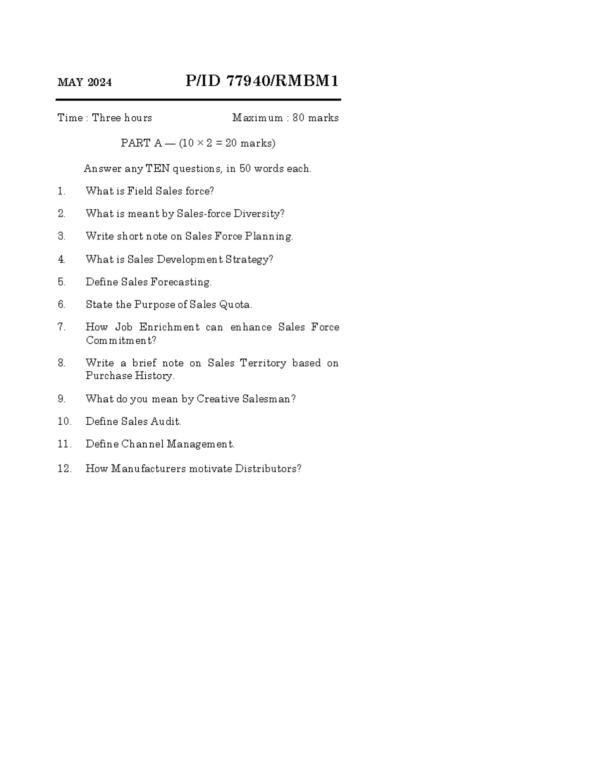 Sales Management Exam Questions - MAY 2024 (Rmbm1) - Studocu