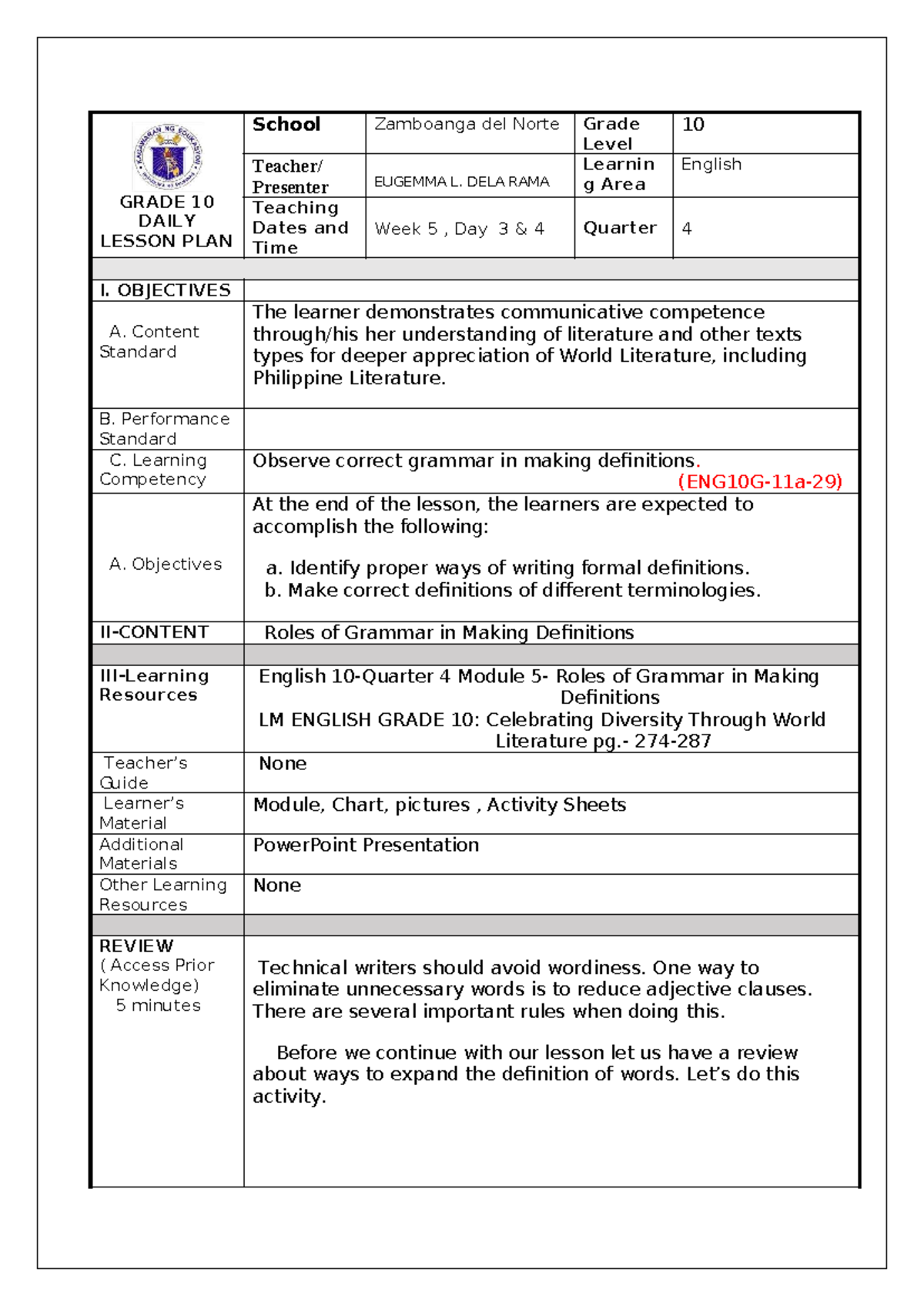 DLP Grade 10 English: Week 5 Day 3 Lesson on Definitions - Studocu