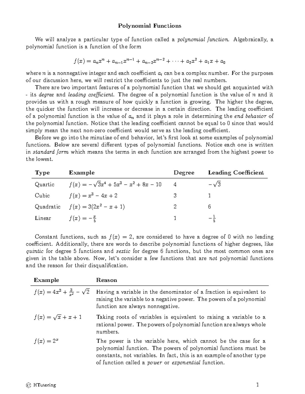 Polynomial Functions: Analysis of Degree, Coefficients & Behavior - Studocu
