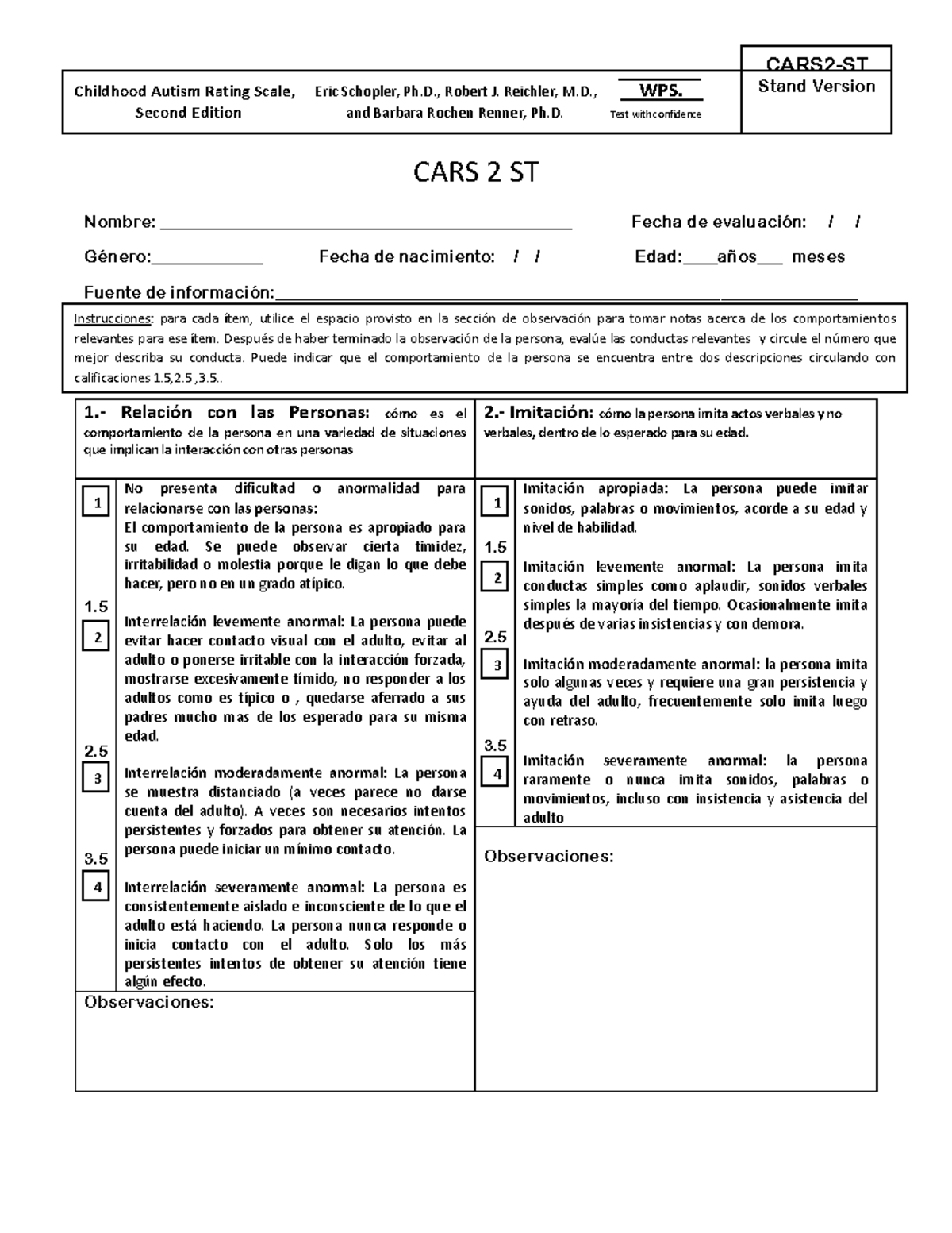 Escala CARS 2 ST - Evaluación para el Diagnóstico de Autismo - Studocu