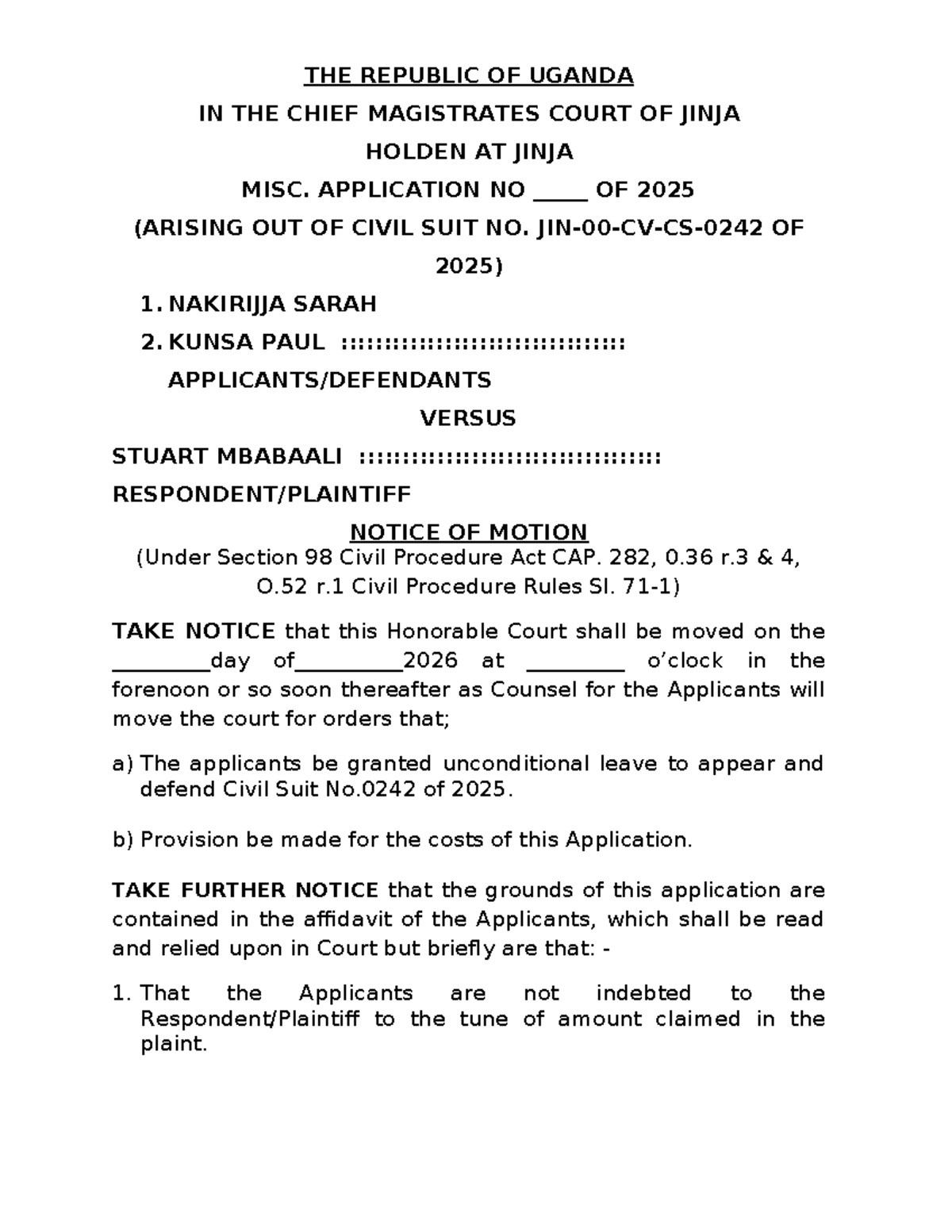 Leave to Defend Application - Nakirijja Sarah & Kunsa Paul (Misc. App ...