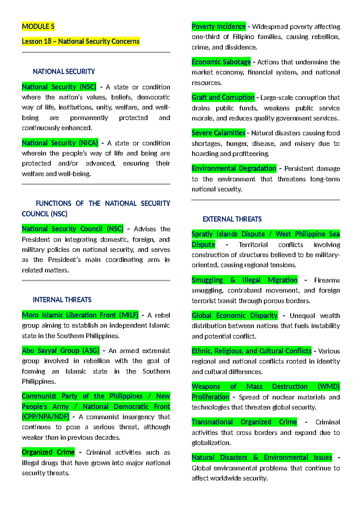 MODULE 5 Lesson 18: National Security Concerns and Policies Review ...