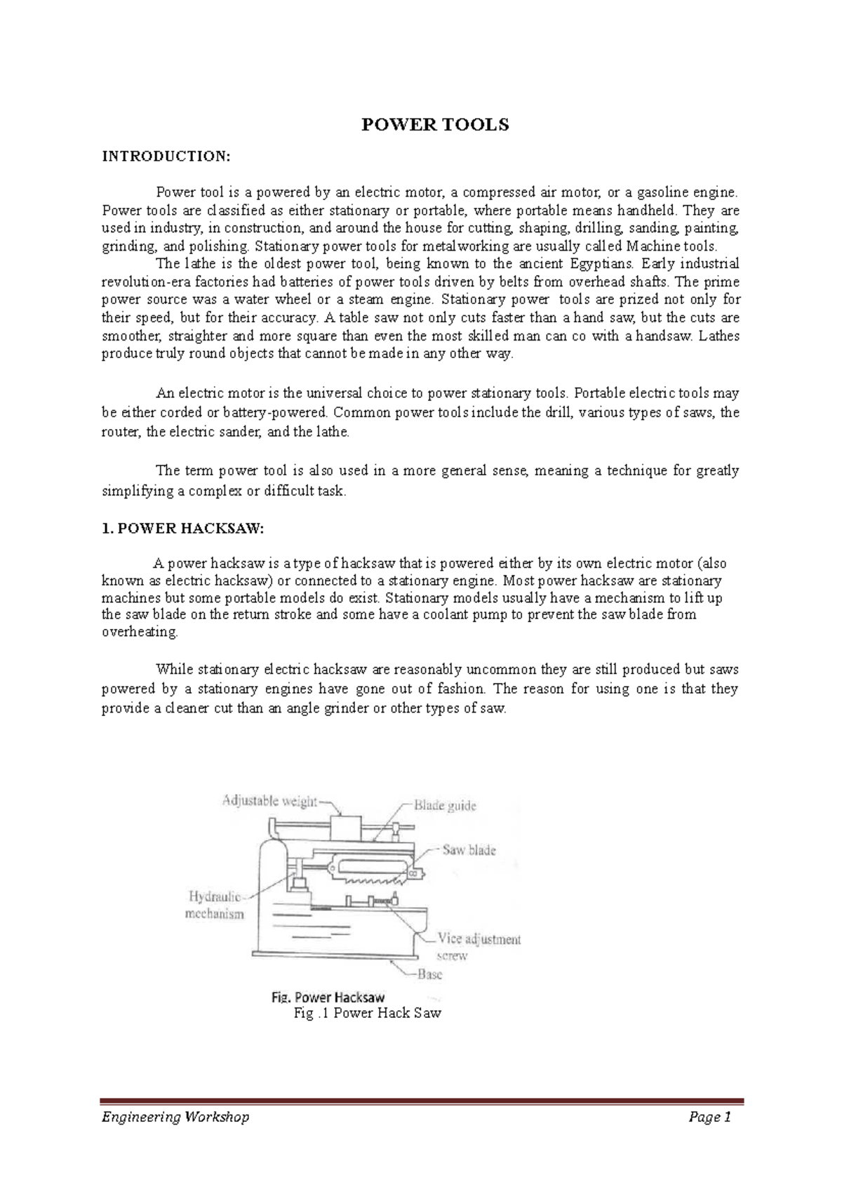 Unit 8 - Power Tools - Engineering Workshop Page 1 INTRODUCTION: POWER ...