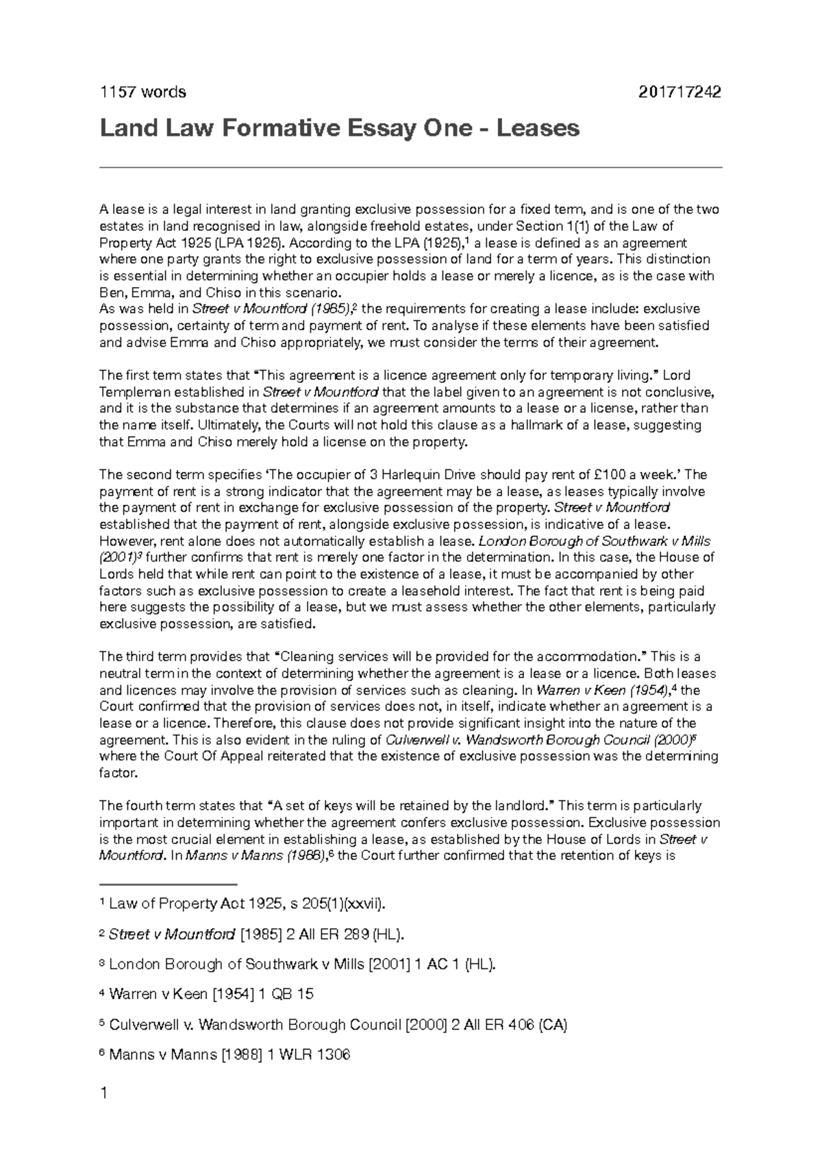 201717242 Land Law Formative Essay: Analyzing Leases and Licenses - Studocu