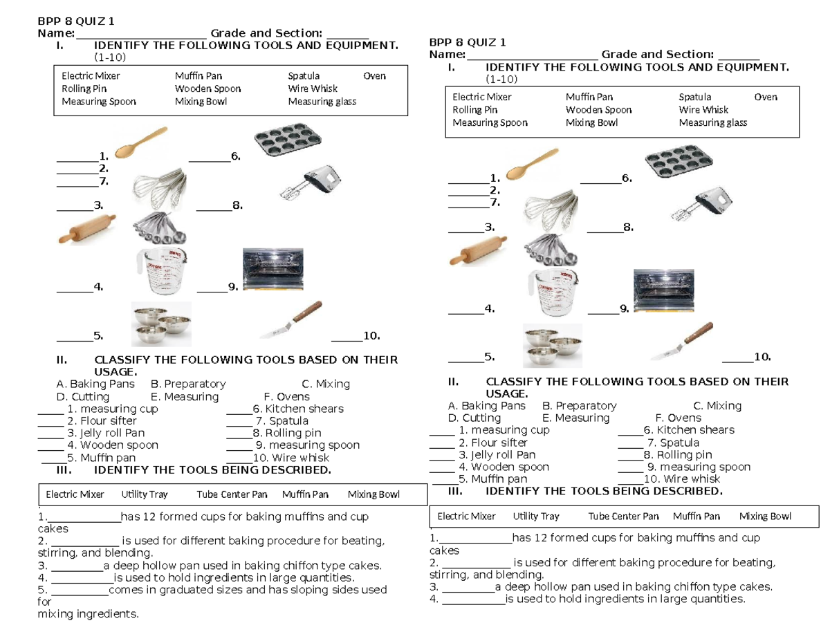 BPP 8 LONG QUIZ 1 - Identifying Kitchen Tools and Equipment - Studocu