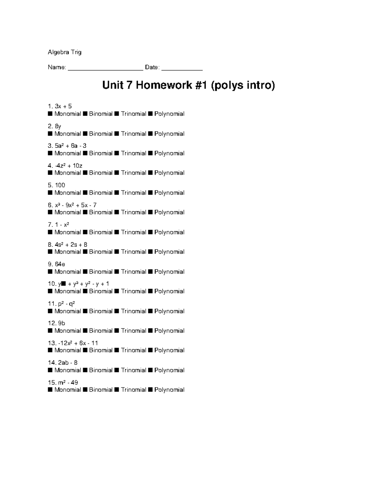 Unit 7 Algebra & Trig Homework: Polynomials Intro - Studocu