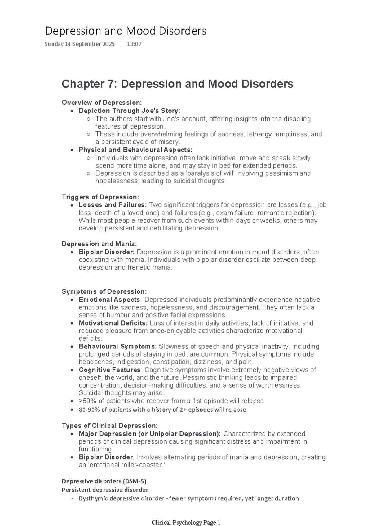 Clinical Psychology 6A70: Chapter 7 - Overview of Depression and Mood ...