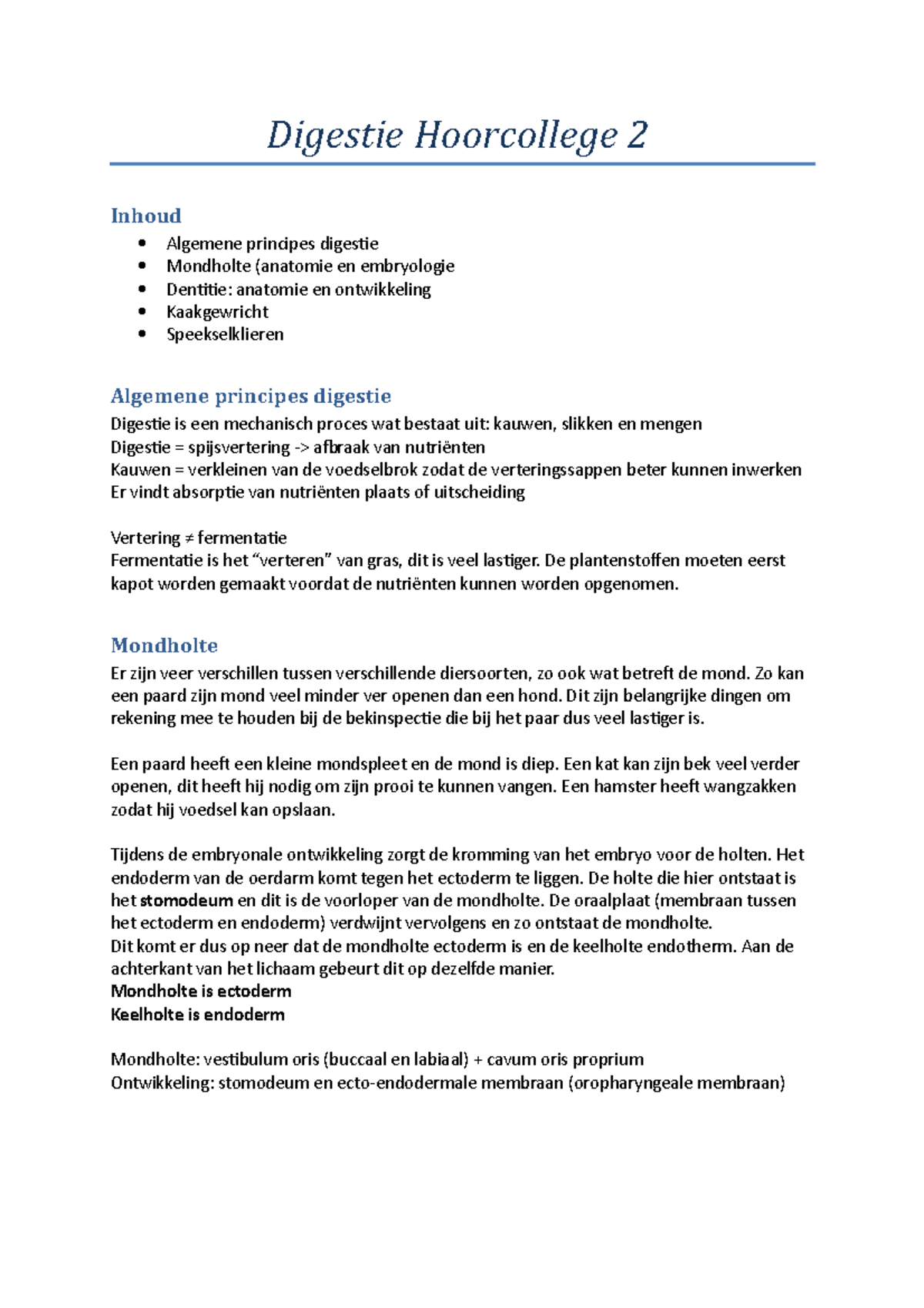 Digestie Hoorcollege 2: Anatomie en Functies van Mondholte en ...